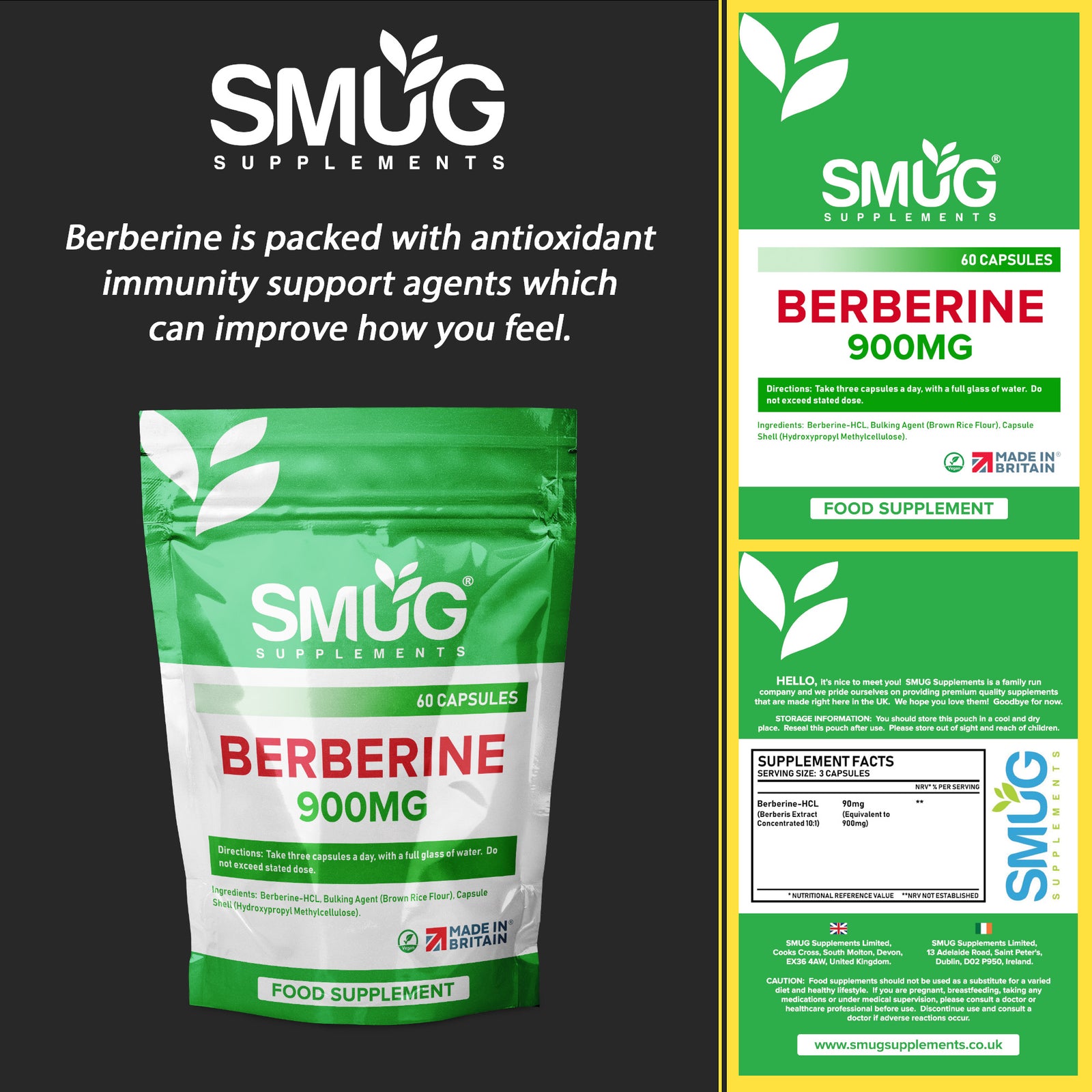 Berberine Capsules by SMUG Supplements - 900mg Per Serving - 60 Pills